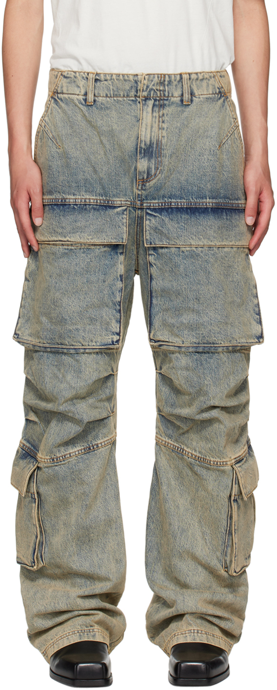 Entire Studios Heavy Denim Cargo Pants In Surface Wave - 40% Off
